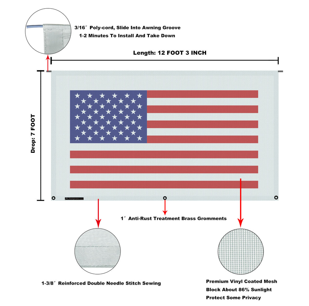 Tentproinc RV Awning Sun Shade Screen ( America Flag ) Gray Mesh Sunsh